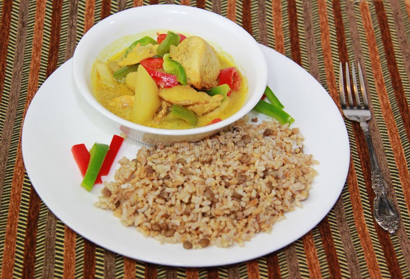 Chicken Curry & Brown Rice Stock Image - Image of curry, chopsticks ...
