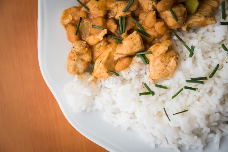 Chicken Curry Nuggets with Rice and Bean Stock Image - Image of meal ...