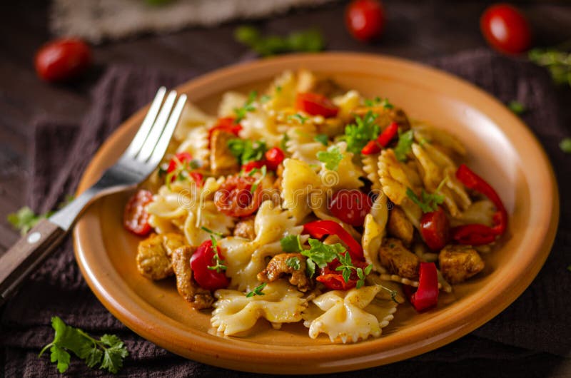 Chicken Curry Pasta with Tomatoes Stock Photo - Image of organic ...