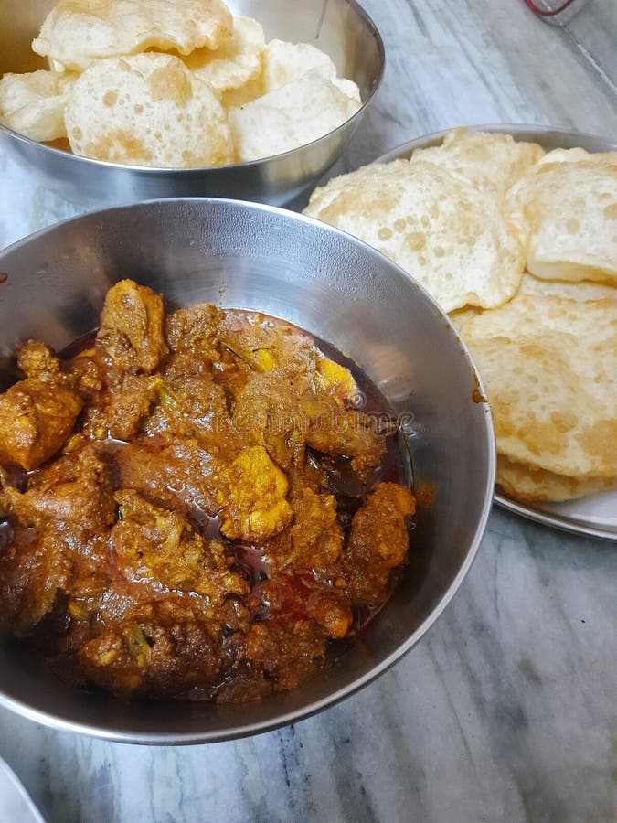 Chicken curry and poori stock photo. Image of indian - 212186586