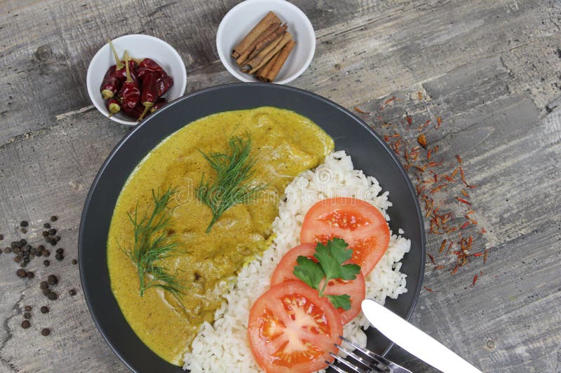 Chicken Curry with Rice on a Plate Indian Cuisine Stock Photo - Image ...