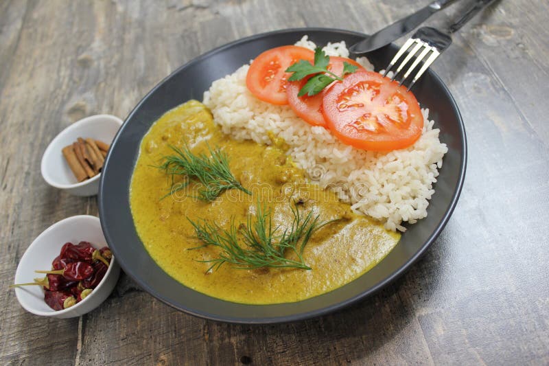 Chicken Curry with Rice on a Plate Indian Cuisine Stock Photo - Image ...