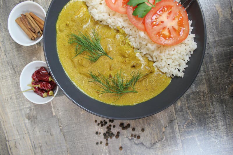 Chicken Curry with Rice on a Plate Indian Cuisine Stock Photo - Image ...