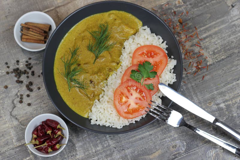 Chicken Curry with Rice on a Plate Indian Cuisine Stock Photo - Image ...