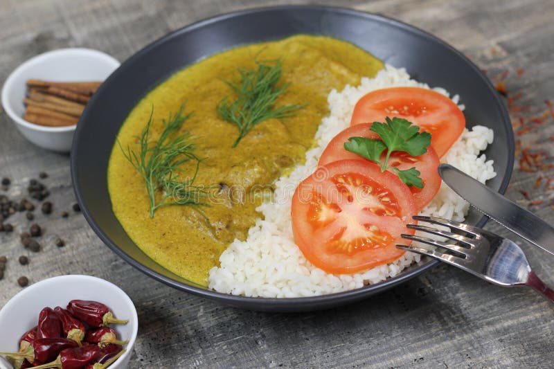 Chicken Curry with Rice on a Plate Indian Cuisine Stock Image - Image ...