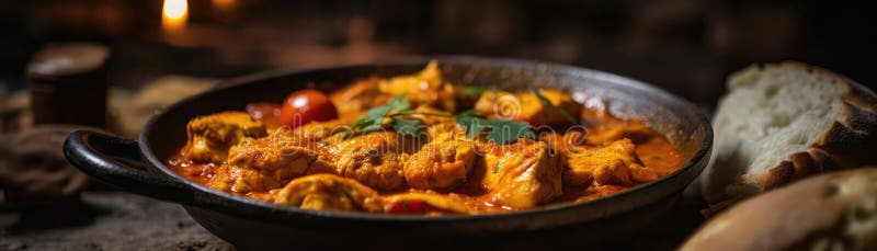Chicken Curry on Stone Rustic Pub Wide Panoramic. Generative AI Stock ...