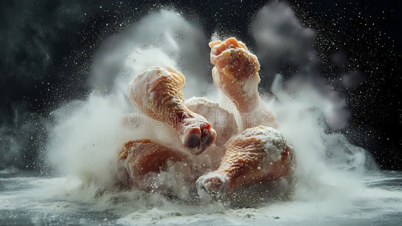 Chicken Drumsticks Exploding in Flour on Black Background Stock Image ...