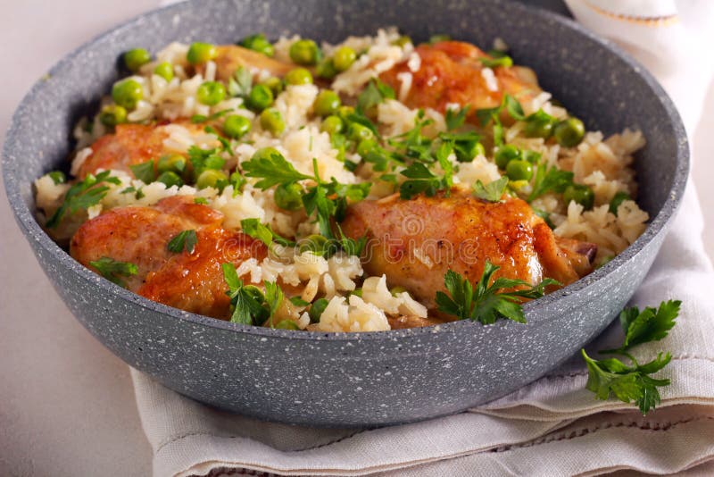 Rice and Peas with Chicken Thighs Stock Image - Image of overhead ...