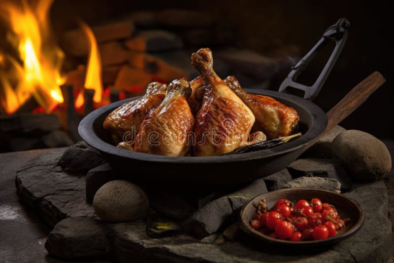 Chicken Drumsticks Sizzling on a Hot Stone by Fire Stock Illustration ...