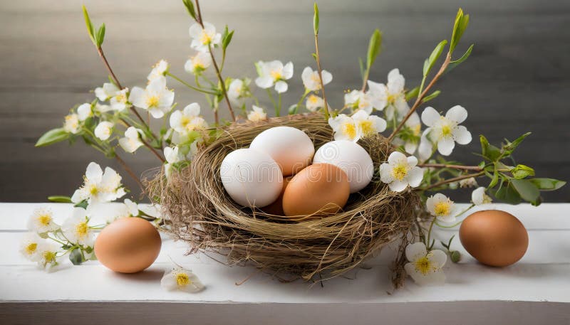 Chicken Eggs in Hay Nest and Wild Flowers and Leaves, Beautiful Spring ...