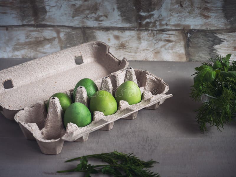 Chicken Eggs Painted Green on a Cardboard Stand on a Light Table ...