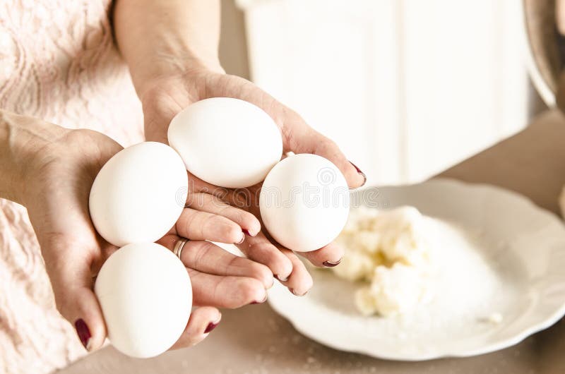 Chicken Eggs in Woman Hands Stock Photo - Image of backery, cooking ...