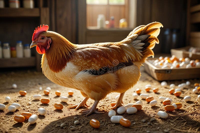 Chicken in Farm, with Pills and Antibiotic Capsules, Large Scale ... Chicken in Farm, with Pills and Antibiotic Capsules, Large Scale ...