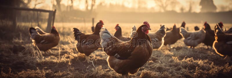 Chicken in the Field at Dawn Stock Illustration - Illustration of ...