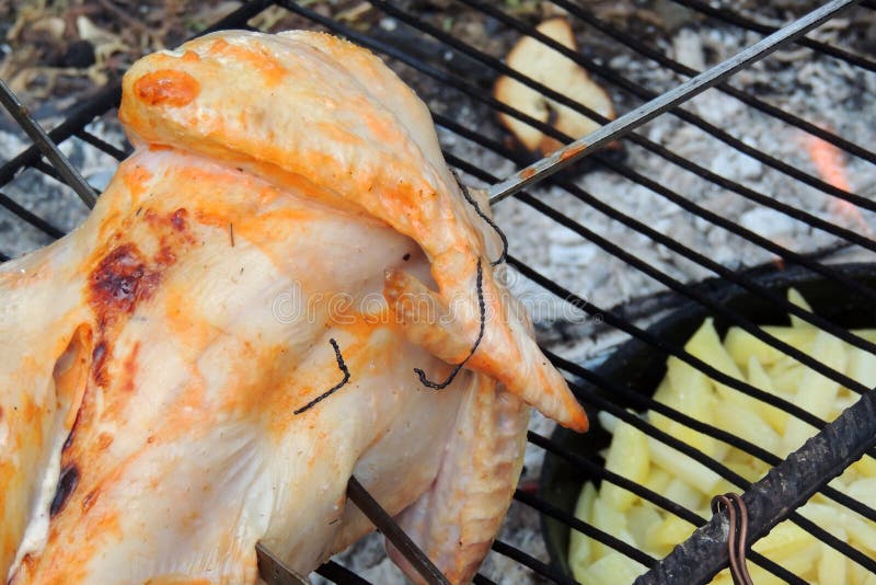 Chicken on the fire stock photo. Image of fire, food - 92134972