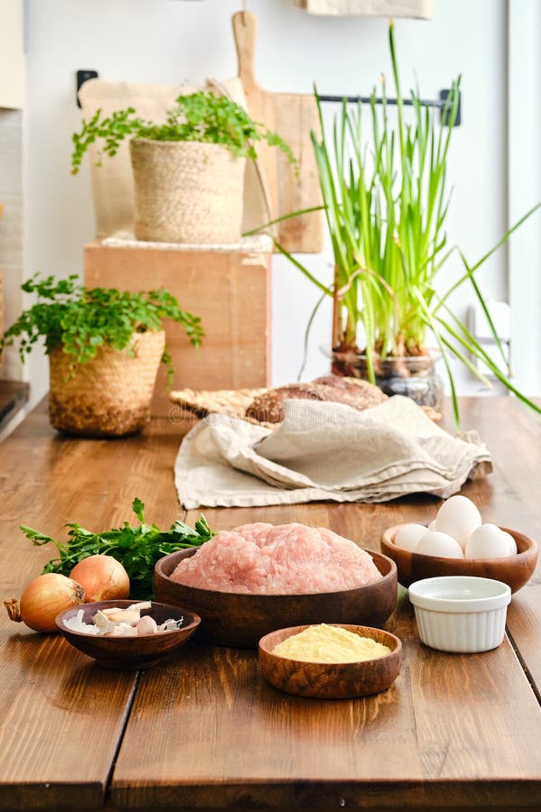 Chicken Forcemeat with Ingredients for Cutlet on a Kitchen Table Stock ...