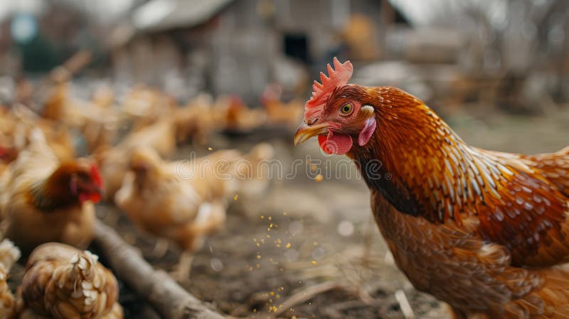 A Chicken in the Foreground with Blurred Barn and Chickens Behind ...