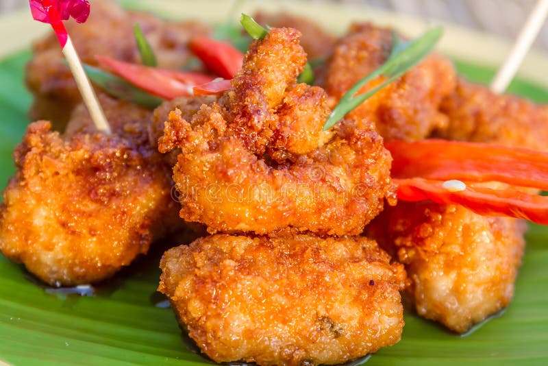Chicken Fried in Honey Sauce, Meat Ball Served on Palm Leaf Stock Photo ...