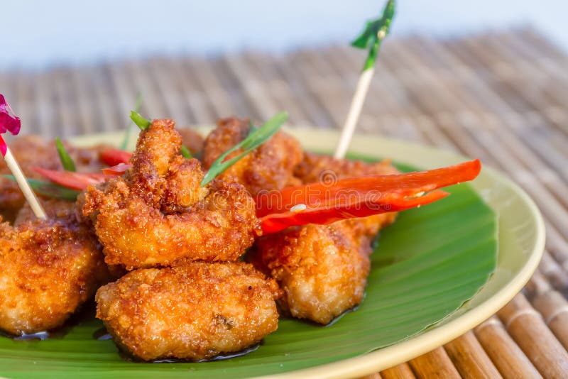 Chicken Fried in Honey Sauce, Meat Ball Served on Palm Leaf Stock Photo ...