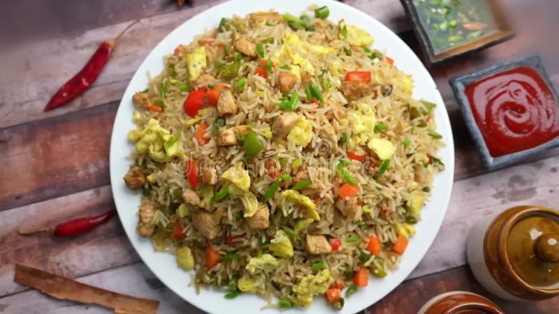 Chicken Fried Rice in Plate Top View Stock Footage - Video of close ...
