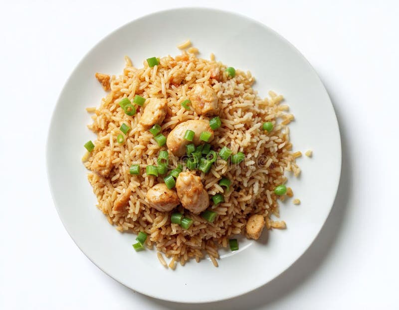 Chicken Fried Rice on a White Plate Isolated on White Background Angled ...