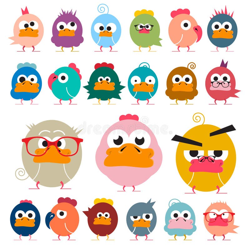 Cartoon Funny Birds. Faces of Cute Animals Colored Baby Eagles Happy ...