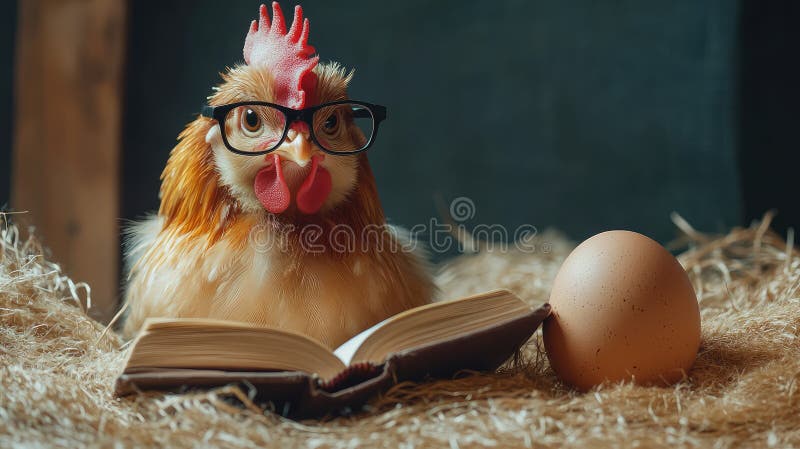 Chicken with Glasses Reading a Book Next To an Egg Stock Image - Image ...