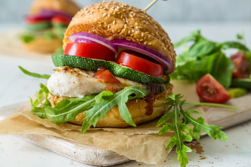 Chicken Grill Burger on Wood Background Stock Photo - Image of ...