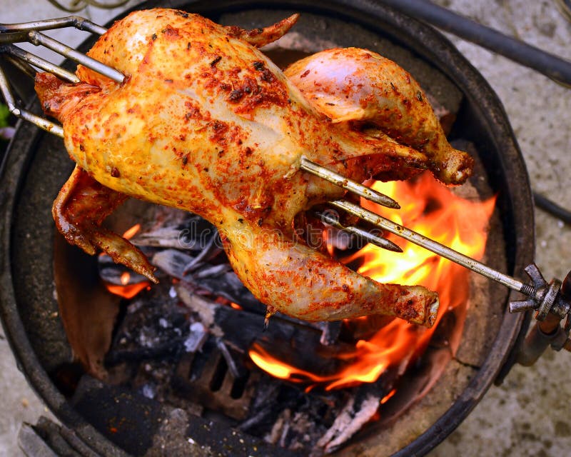 Chicken while Grilling on a Spit Stock Image - Image of grill, food ...