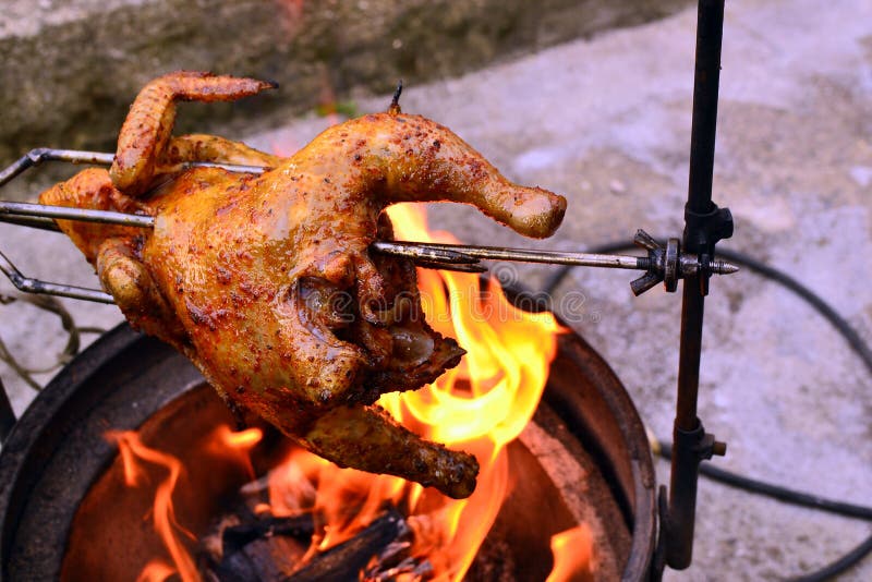 Chicken while Grilling on a Spit Stock Image - Image of view, food ...