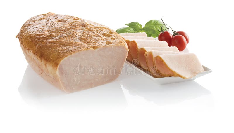 Chicken Ham and Slices on Plate. Isolated on White Background Stock ...