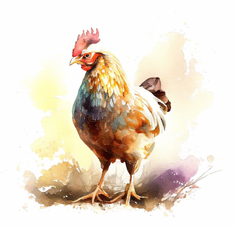 Chicken Hen Farm Watercolor Hand Drawn Illustration Farm Birds Stock