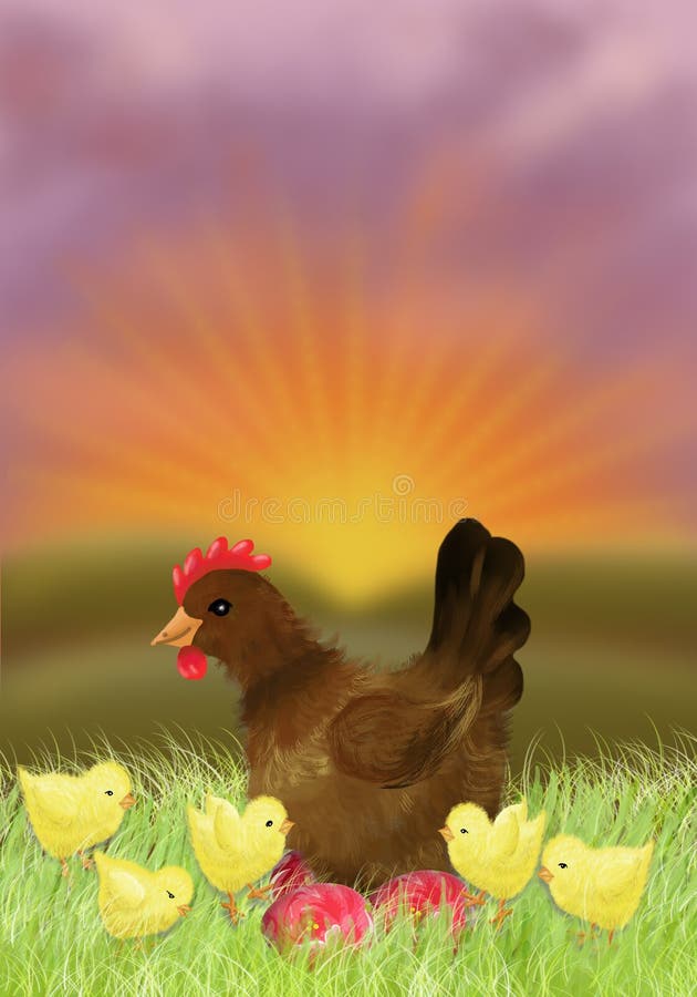 Chicken and Hen in the Sunset Stock Illustration - Illustration of ...