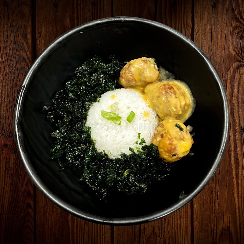 Chicken Karage Rice Bowl with Salted Egg Sauce Fried Spinach Served in ...