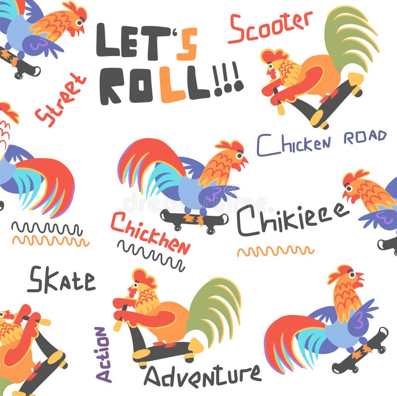 Chickens Riding Skateboards and Scooters with Words Patterns Stock ...