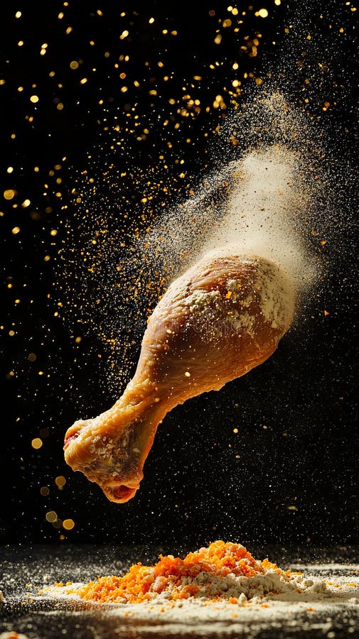 A Chicken Leg is Being Thrown into the Air by a Pile of Flour Stock ...