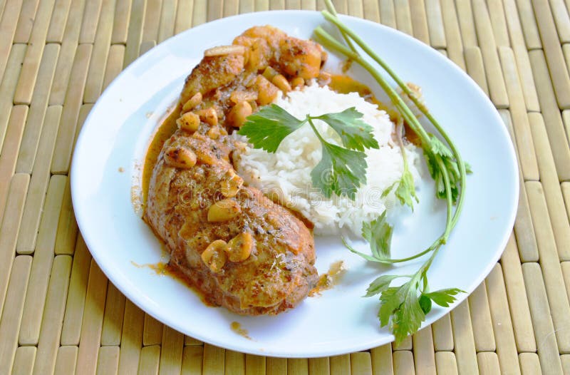 Chicken Leg Spicy and Sweet Curry and Plain Rice on Dish Stock Photo ...