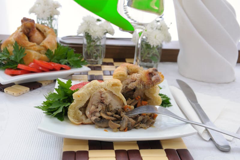 Chicken Leg Stuffed with Mushrooms in Pastry (cut) Stock Image - Image ...