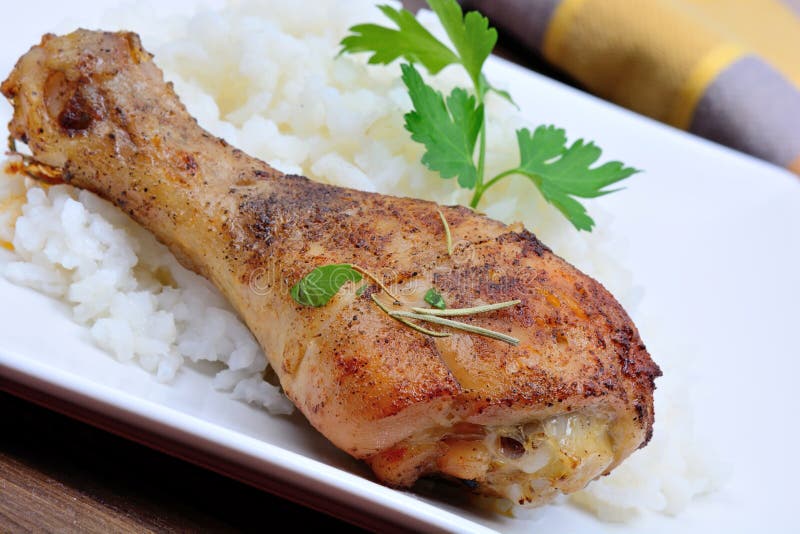 Chicken Leg with White Rice on Table Stock Photo - Image of dish, rice ...
