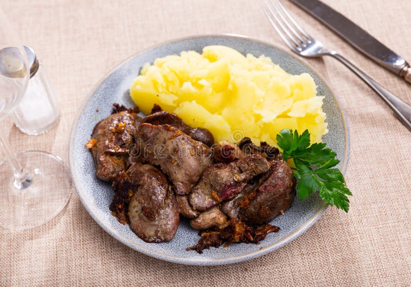 Chicken Liver Served with Puree on Plate Stock Image - Image of ...