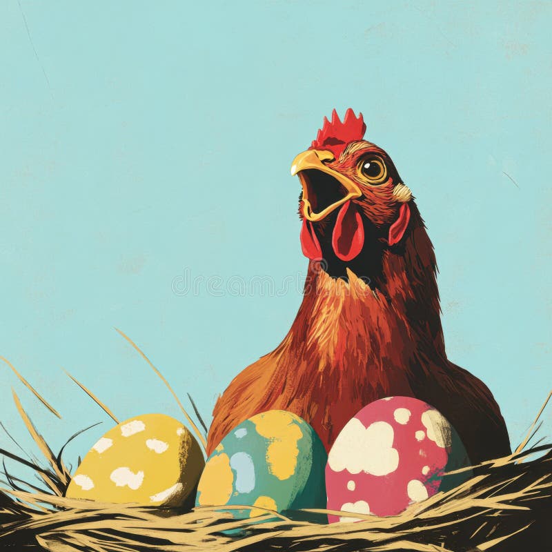 Chicken Looks Surprised at Her Nest with Dyed Eggs, Easter Eggs in ...