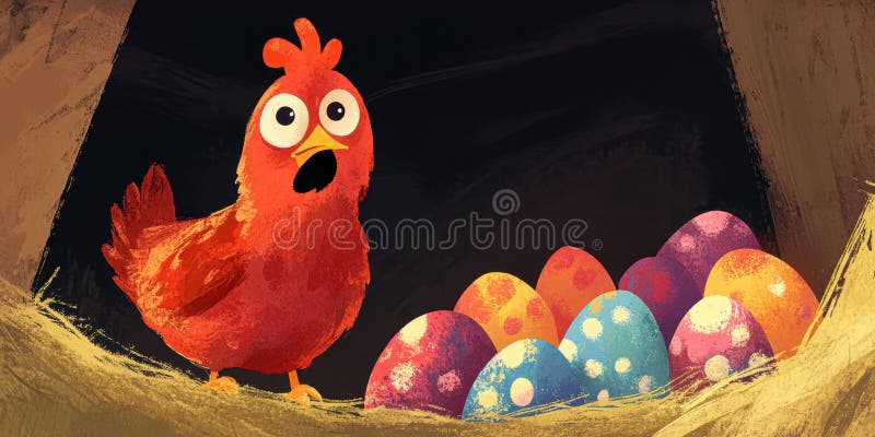Chicken Looks Surprised at Her Nest with Dyed Eggs, Easter Eggs in ...