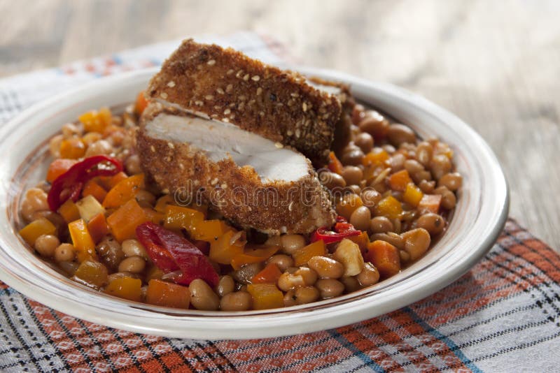 Chicken meat with beans stock image. Image of sesame - 72239827