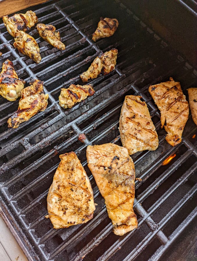 Chicken Meat Fried on a Barbecue Grill Stock Photo - Image of grid ...