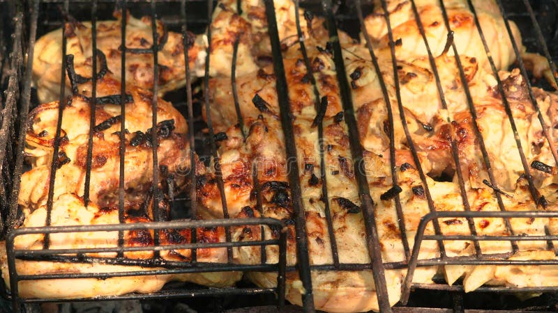Chicken Meat Fried on a Barbecue Grill. Outdoors Stock Footage - Video ...