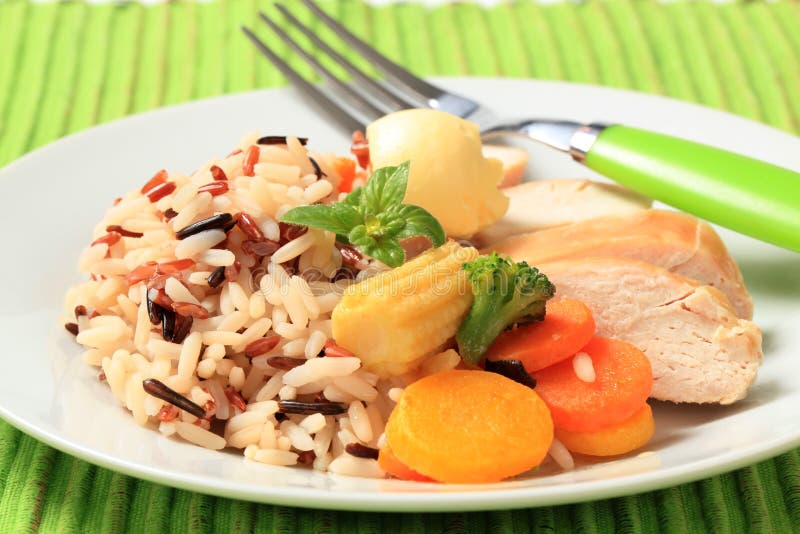 Chicken Meat with Mixed Rice and Vegetables Stock Image - Image of ...