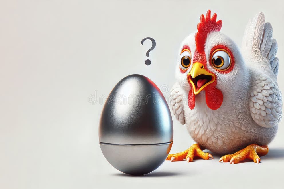 A Chicken and a Metal Egg with a Question Mark. Space for Text. Stock ...