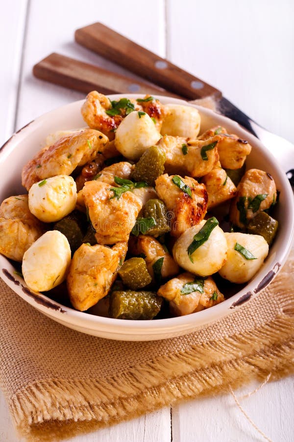 Chicken, Mozzarella and Cornichons Salad Stock Image - Image of breast ...