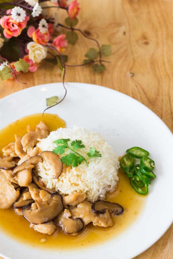 Chicken and Mushroom with Sauce Over Rice Stock Image - Image of supper ...