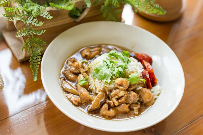 Chicken and Mushroom Sauce Over Rice Stock Image - Image of restaurant ...